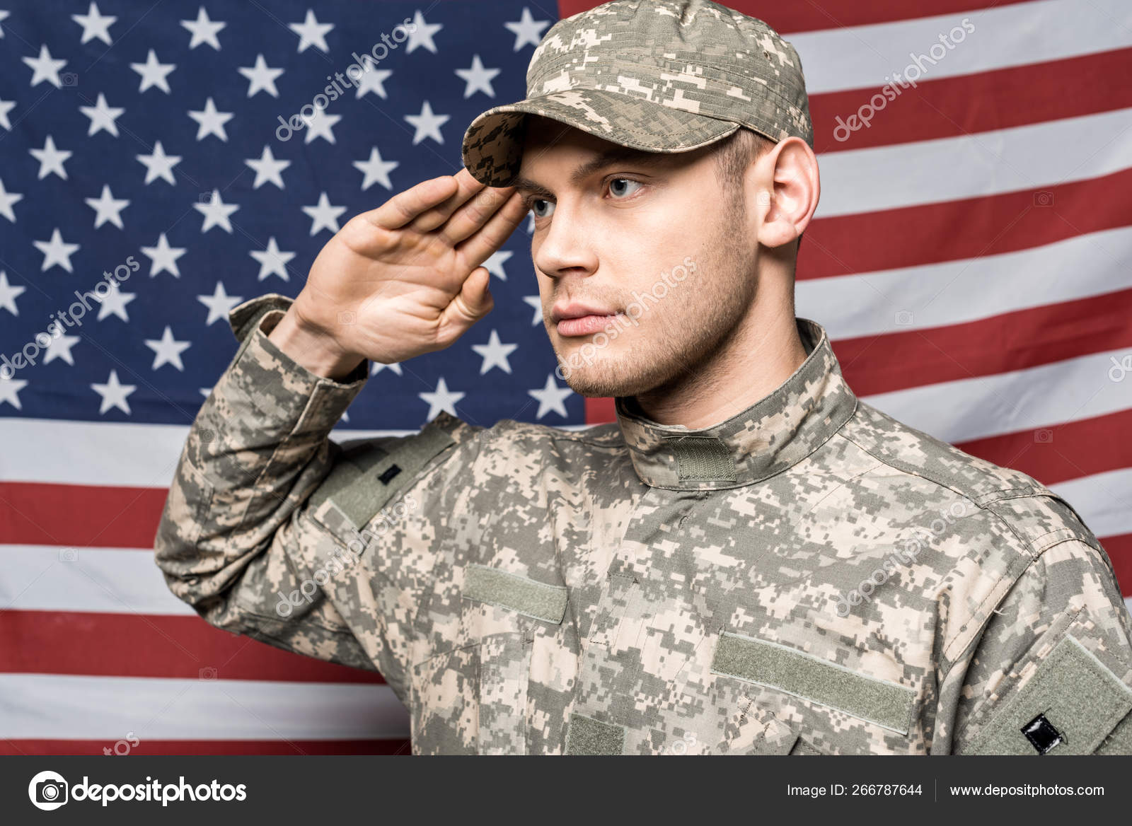 Handsome Soldier Military Uniform Cap Giving Salute Flag America ...