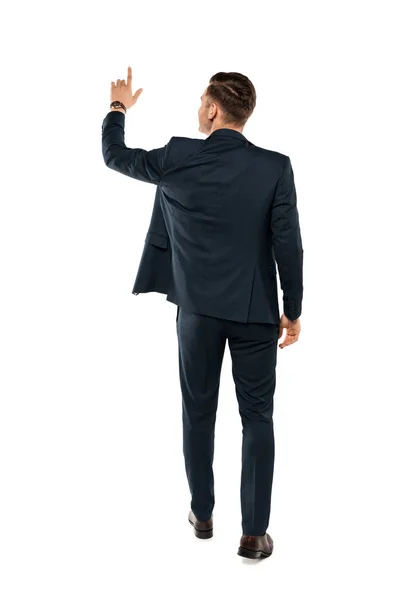 Back View Businessman Pointing Fingers While Standing Isolated White ...