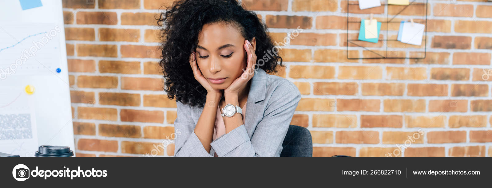 Panoramic Shot Exhausted African American Casual Businesswoman Touching ...