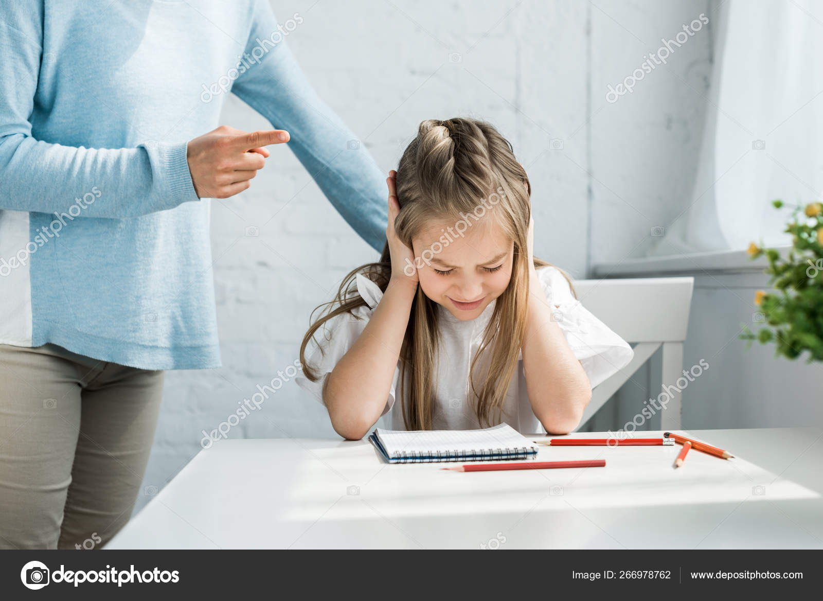 Cropped View Mother Standing Scared Kid Closed Eyes Covering Ears ...