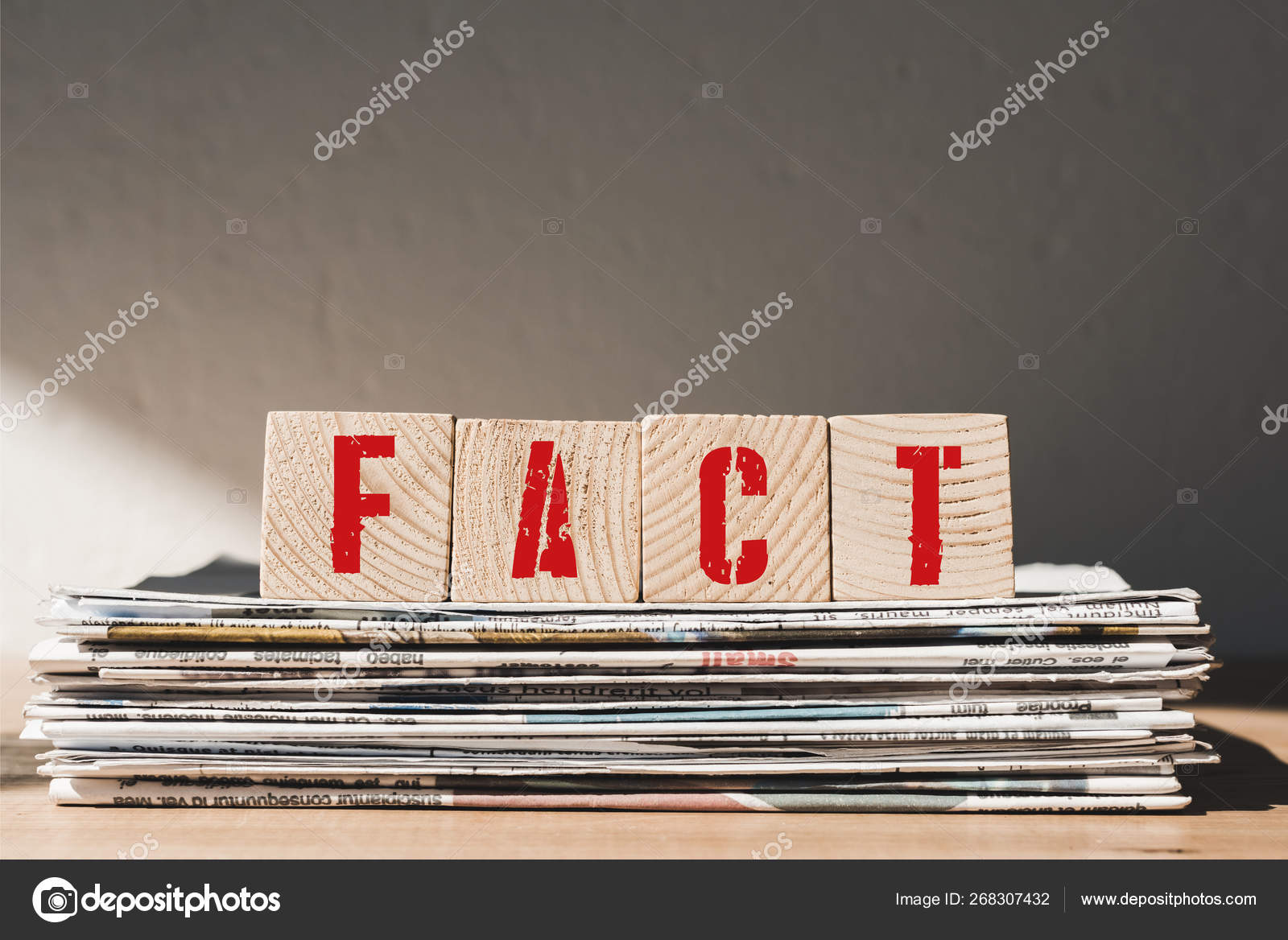 Wooden Blocks Red Fact Lettering Pile Newspapers — Stock Photo ...