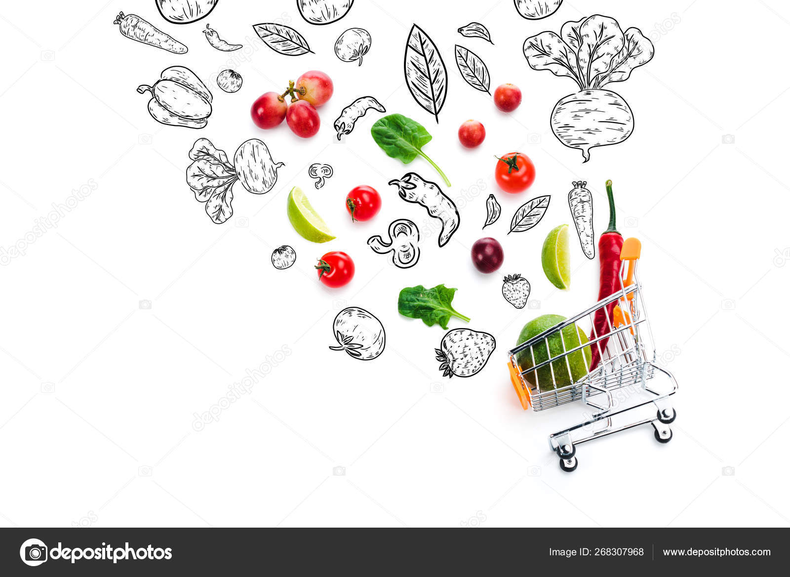 Scattered Fruits Vegetables Black White Illustration Decorative ...