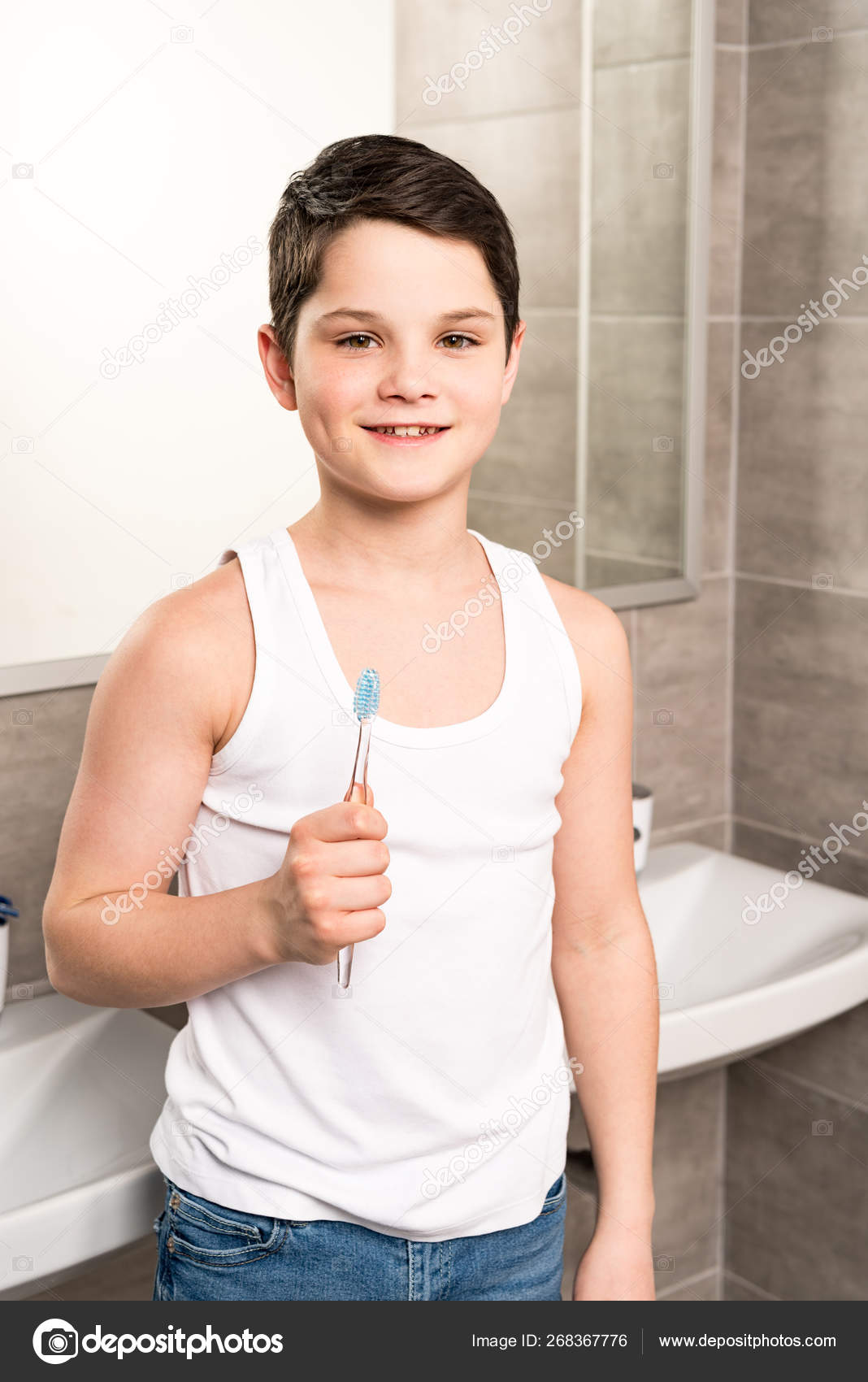 Smiling Boy Holding Toothbrush Looking Camera Bathroom — Stock Photo ...