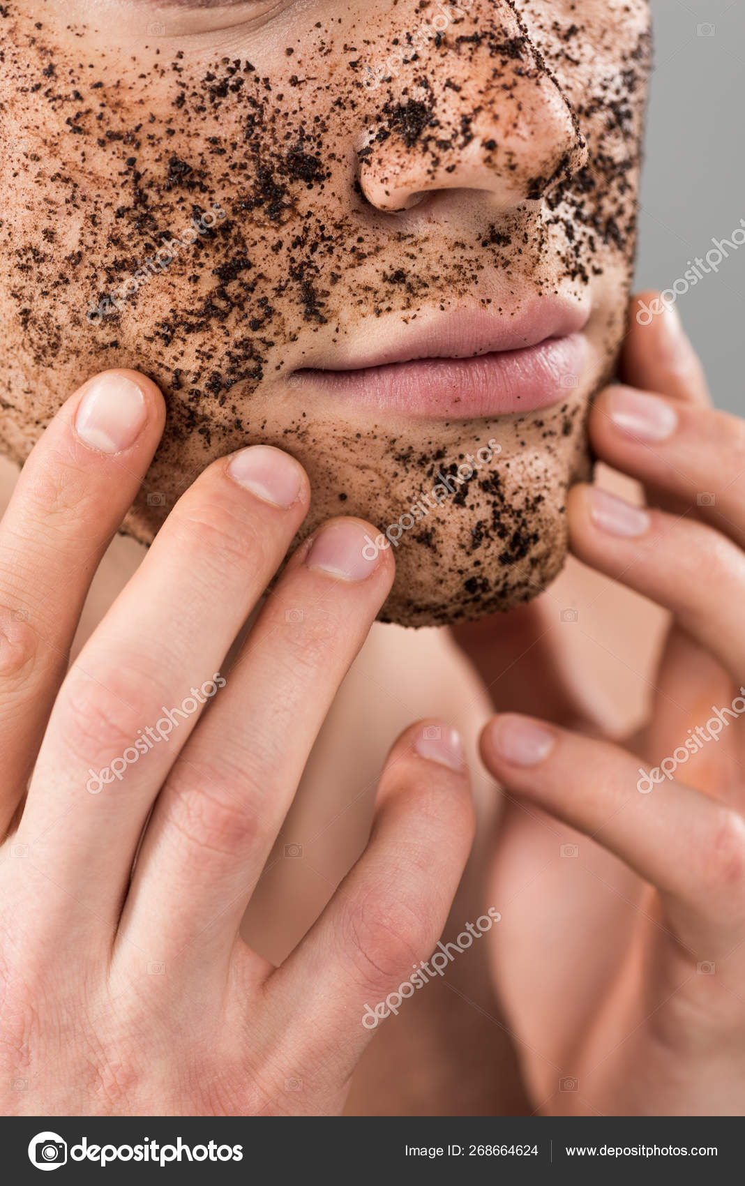 Partial View Young Man Applying Scrub Isolated Grey — Stock Photo ...