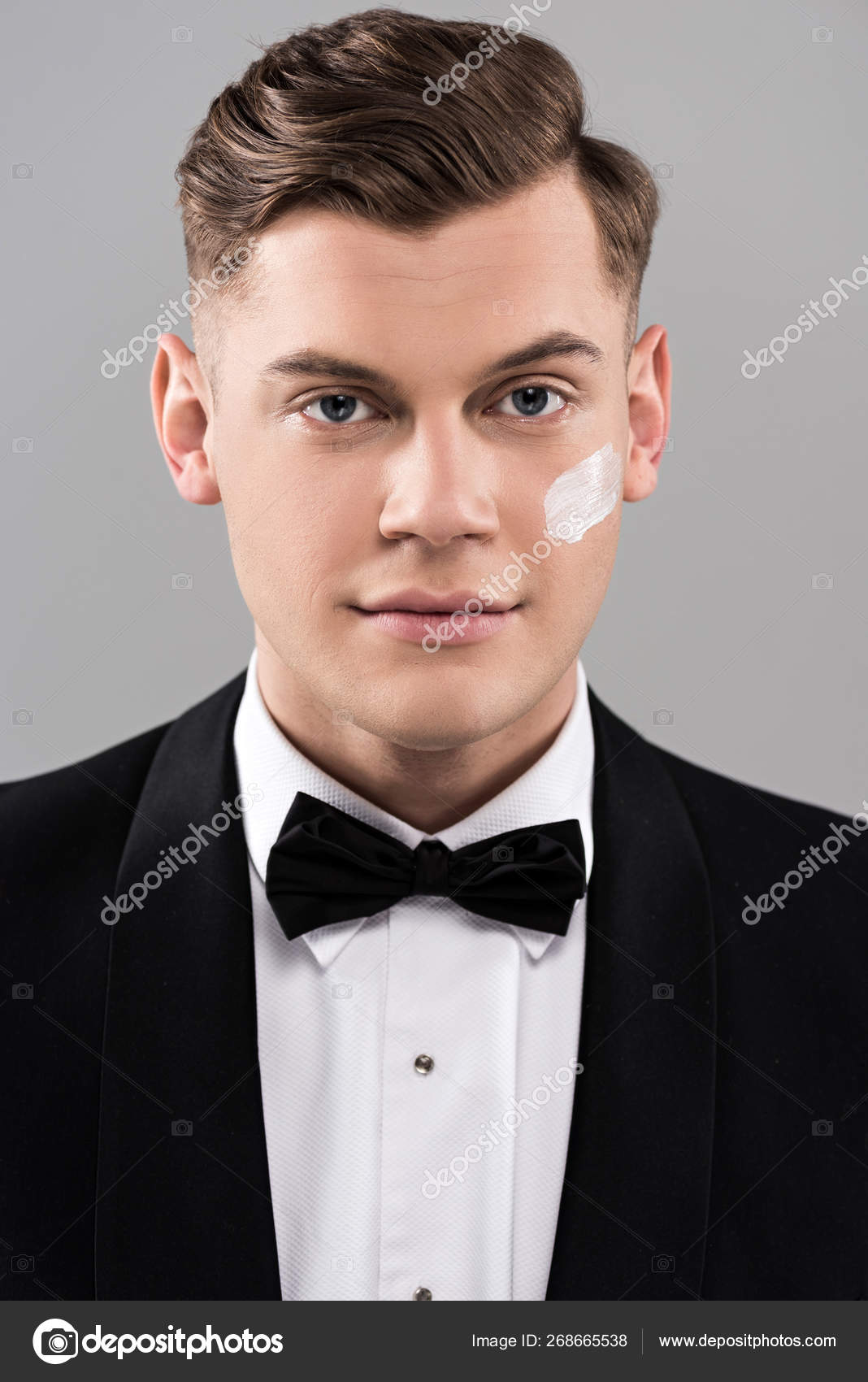 Front View Handsome Man Formal Wear Cream Face Isolated Grey ⬇ Stock ...