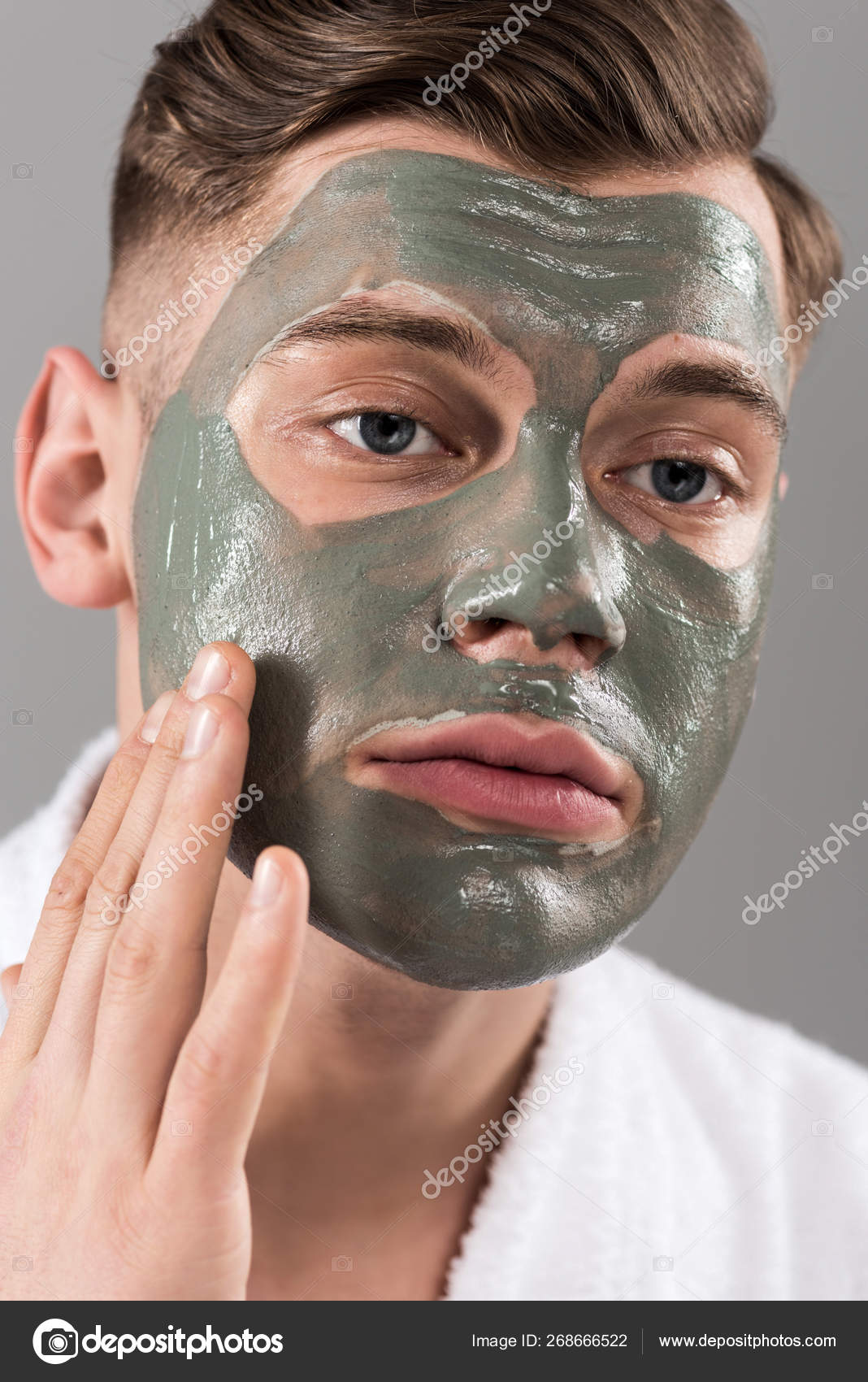 Sad Young Man Touching Clay Mask Isolated Grey — Stock Photo ...