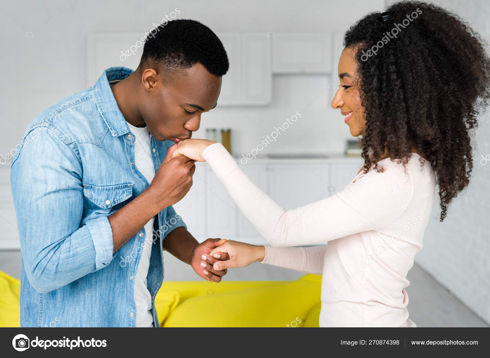 Side View African American Man Kissing Girlfriends Hand Stock Photo by ...