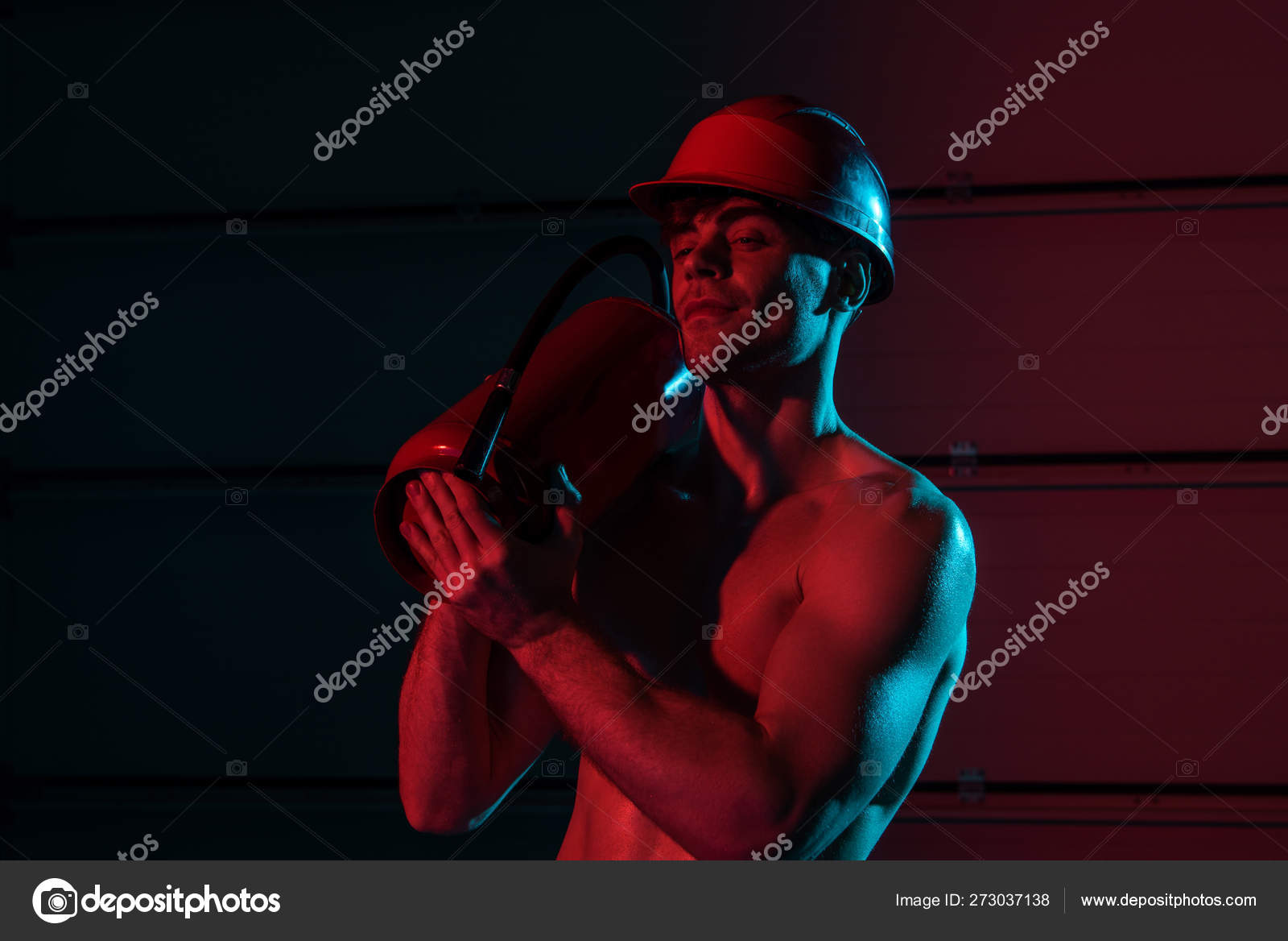 Sexy Shirtless Fireman Protective Helmet Holding Fire Extinguisher ...