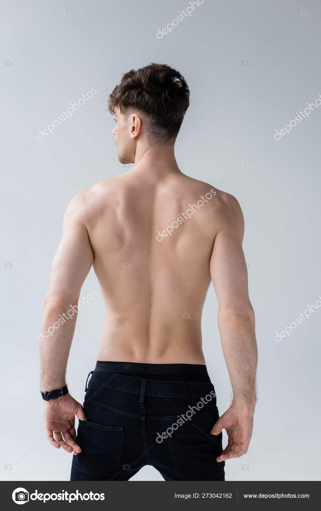 Back View Shirtless Muscular Man Jeans Isolated Grey Stock Photo by ...