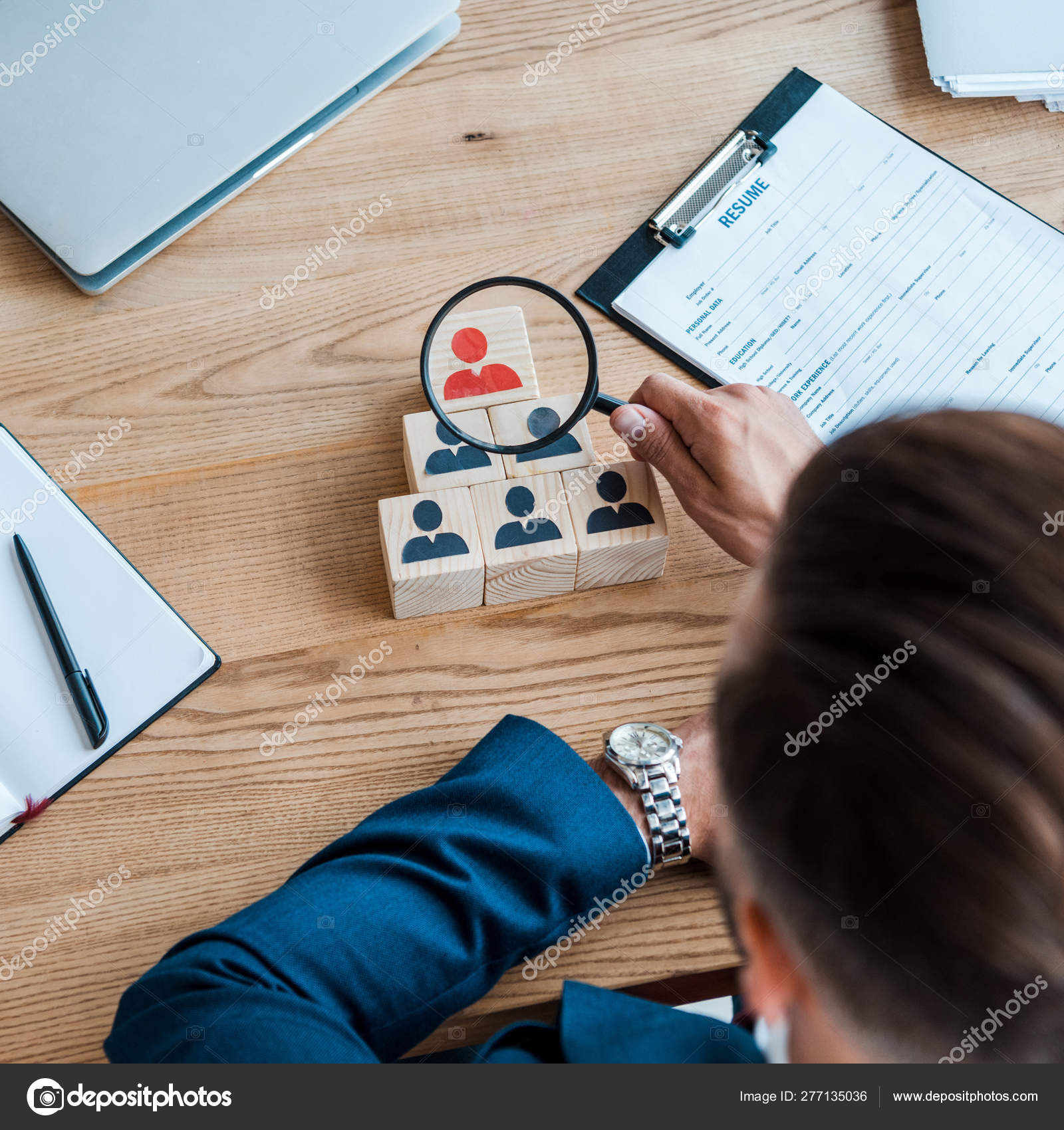 Top View Man Holding Magnifier Wooden Cubes — Stock Photo ...