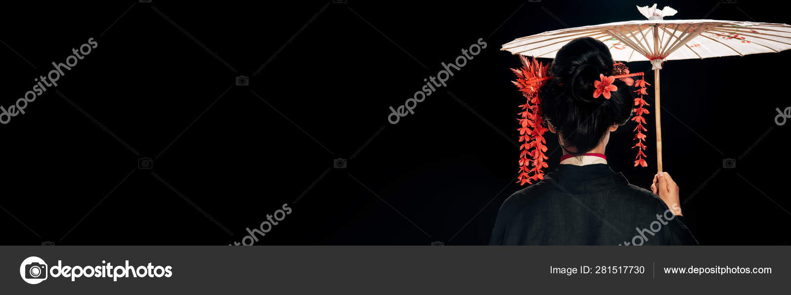 Back View Geisha Black Kimono Red Flowers Hair Holding Traditional ...