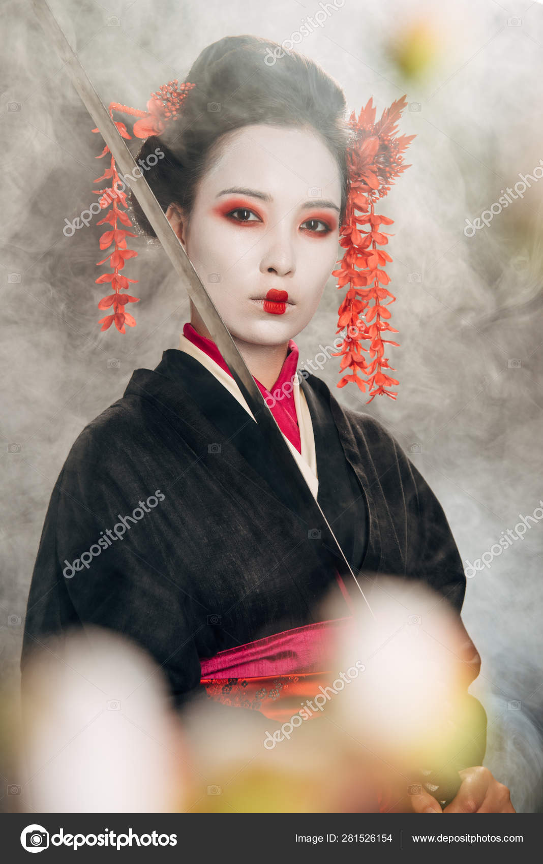 Selective Focus Beautiful Geisha Black Kimono Holding Katana Smoke ...