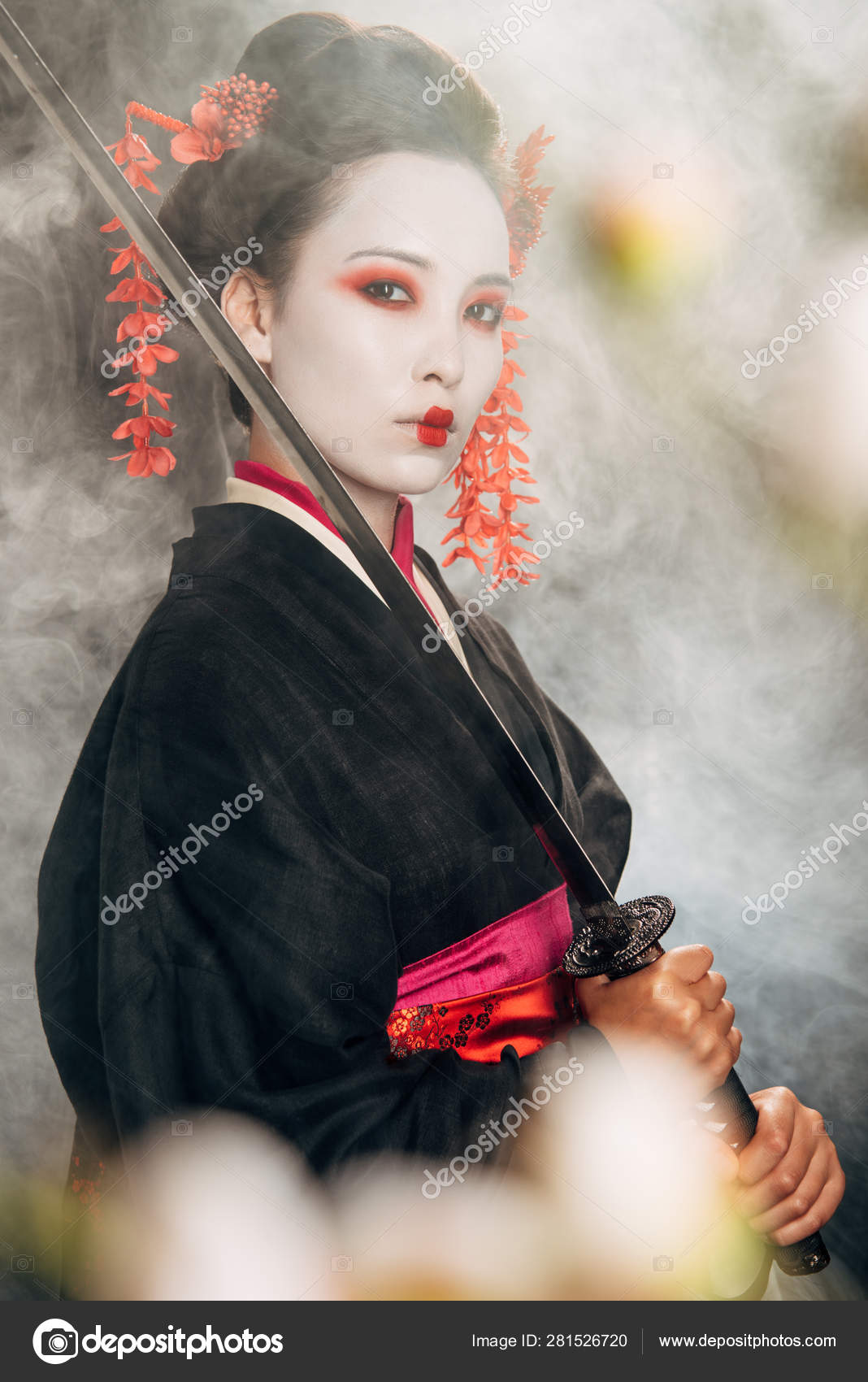 Selective Focus Serious Geisha Black Kimono Holding Katana Smoke Sakura ...