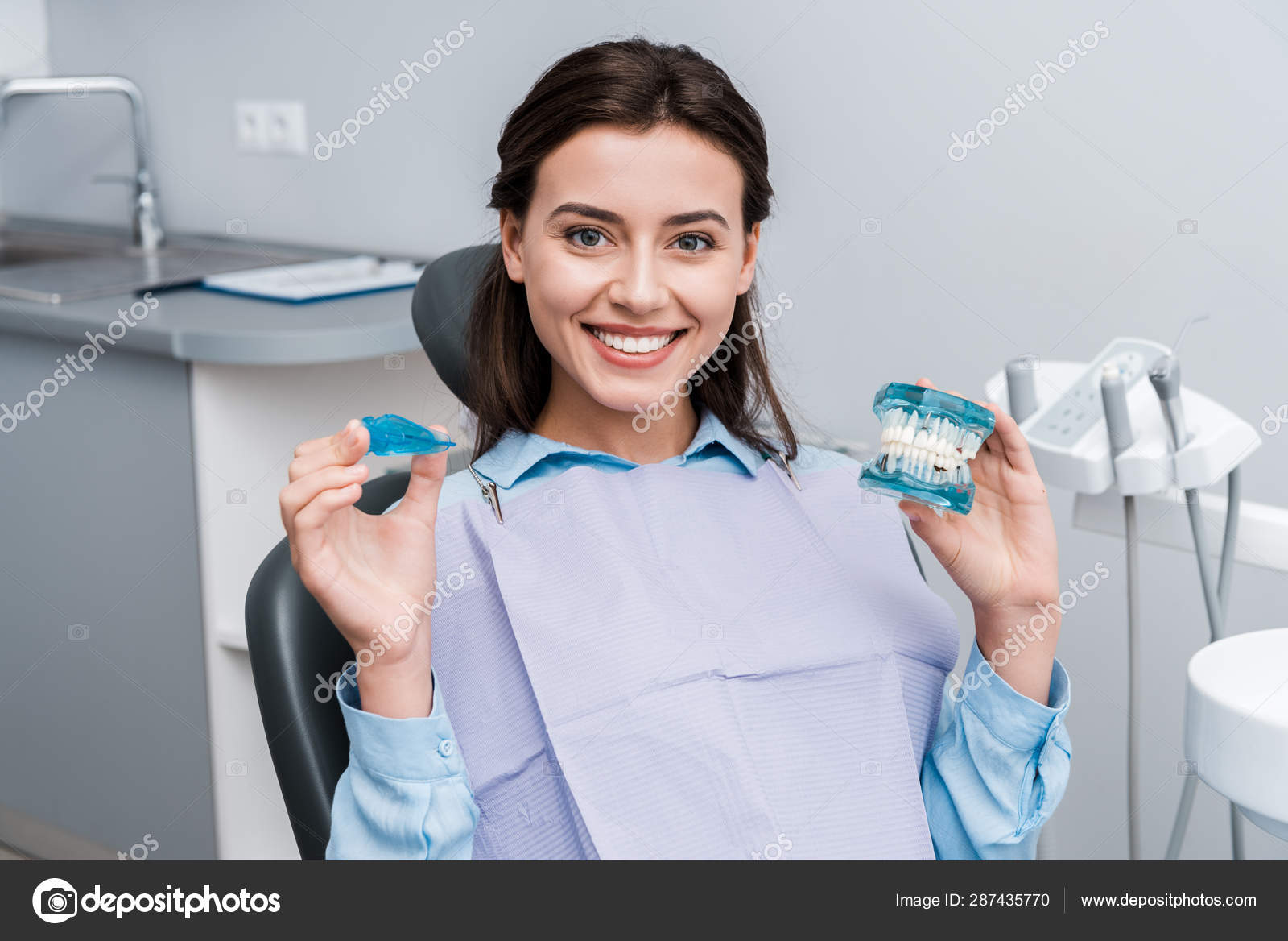 Cheerful Young Woman Holding Teeth Model Retainer Hands ⬇ Stock Photo ...