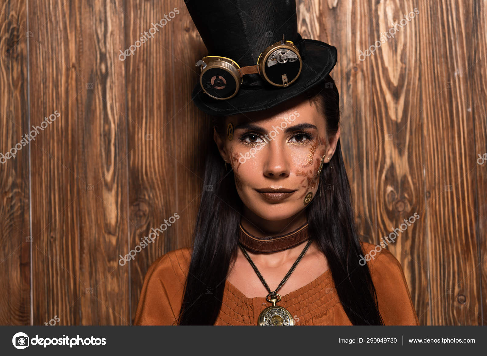 Front View Steampunk Woman Top Hat Goggles Looking Camera Wooden Stock ...