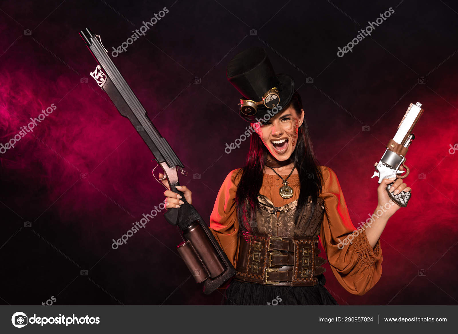 Front View Screaming Steampunk Woman Holding Gun Pistol Pink Smoke ...