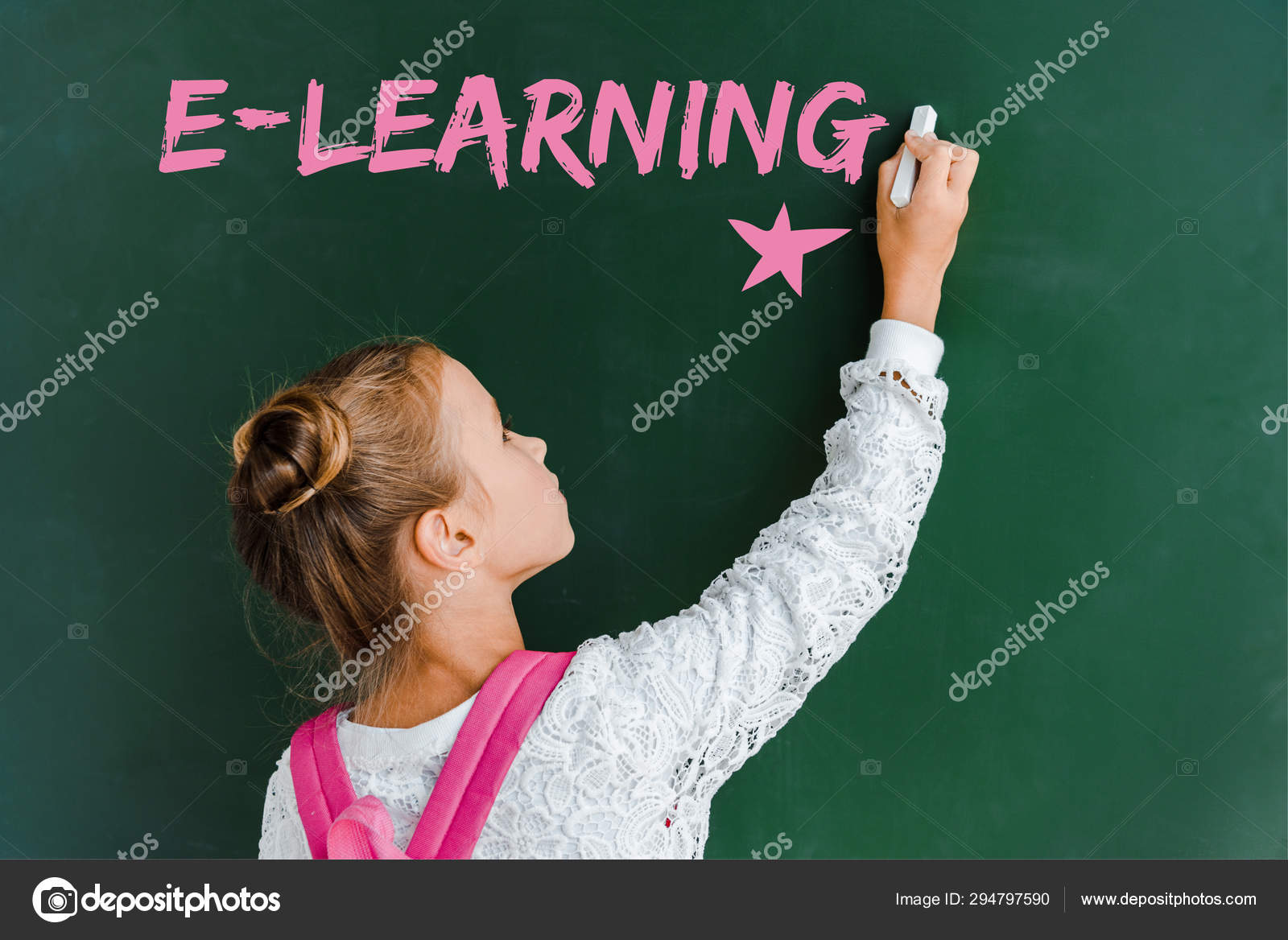 Schoolchild Holding Chalk Chalkboard Learning Lettering Green — Stock ...