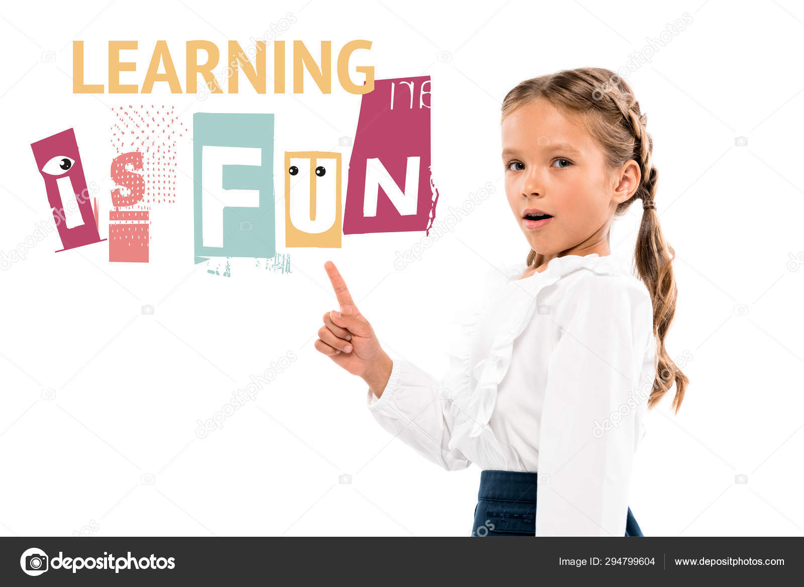 Adorable Kid Pointing Finger Learning Fun Lettering White — Stock Photo ...