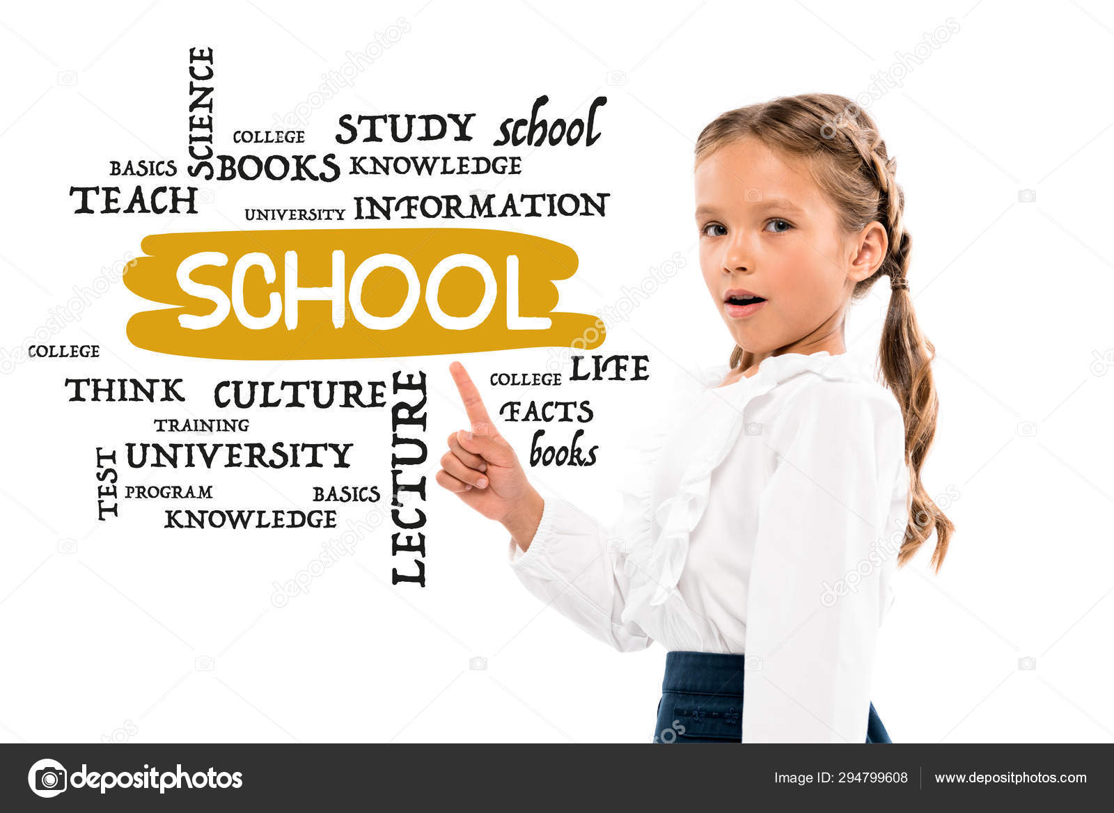 Adorable Kid Pointing Finger School Lettering White — Stock Photo ...