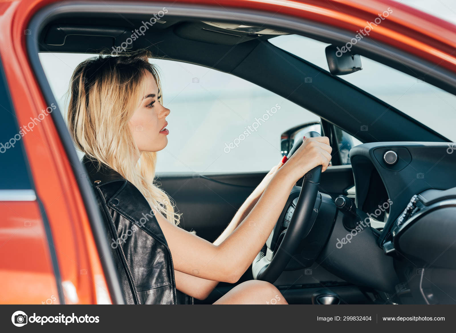 Side View Attractive Blonde Woman Black Jacket Driving Car Stock Photo ...
