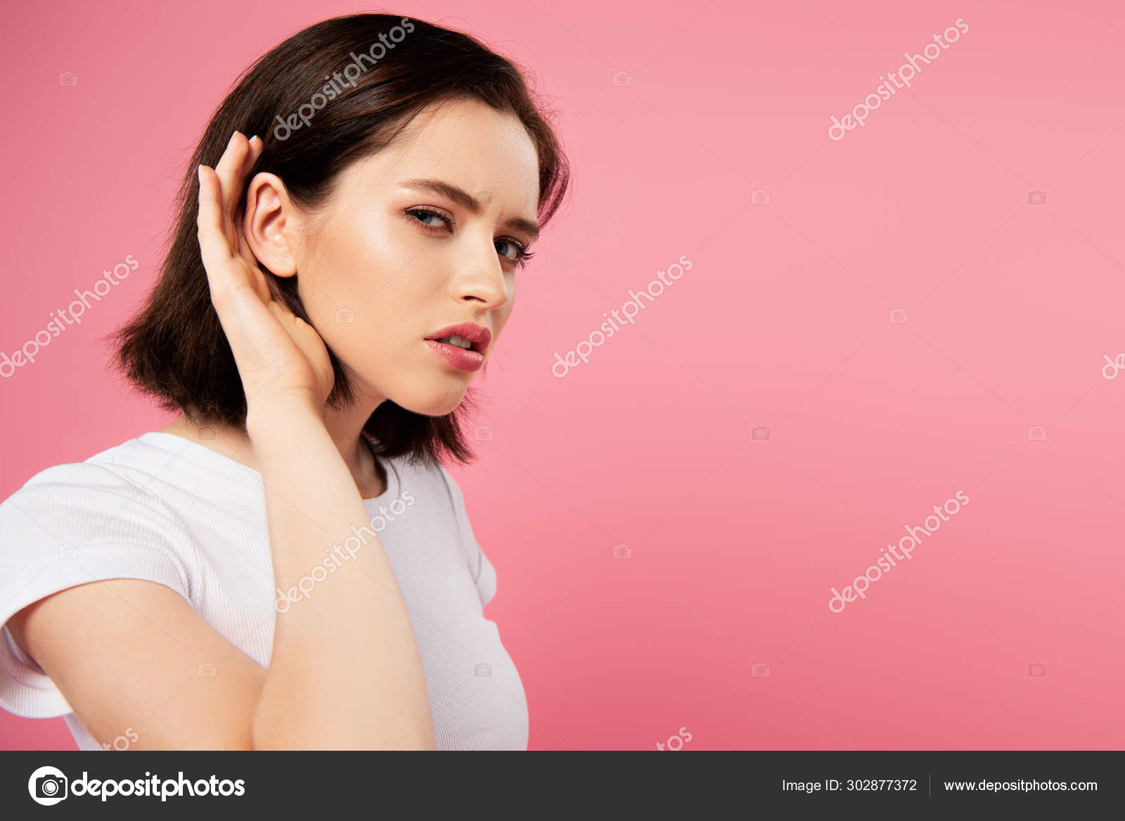 Beautiful Focused Girl Listening Isolated Pink — Stock Photo ...