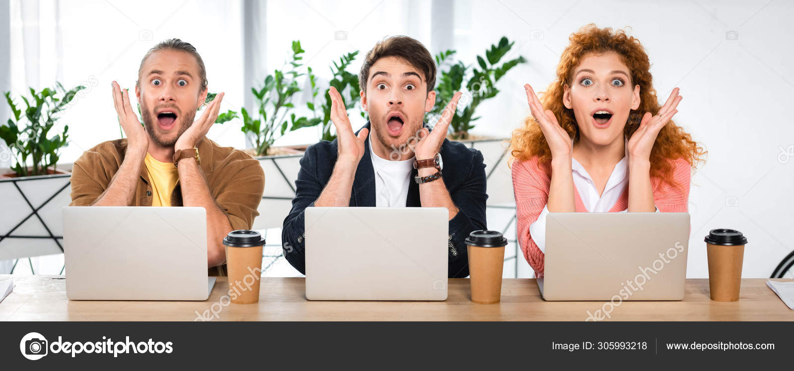 Panoramic Shot Three Shocked Friends Sitting Table Looking Camera Stock ...
