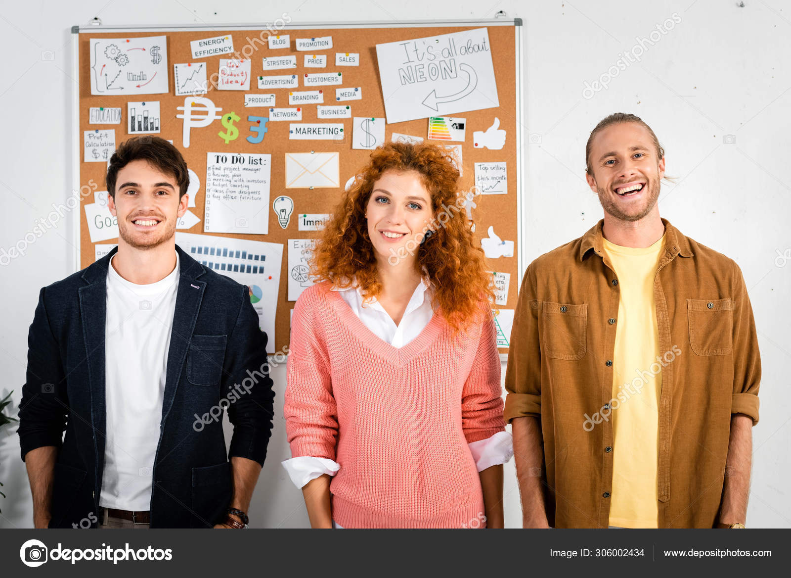 Three Friends Smiling Looking Camera Office Stock Photo by ...