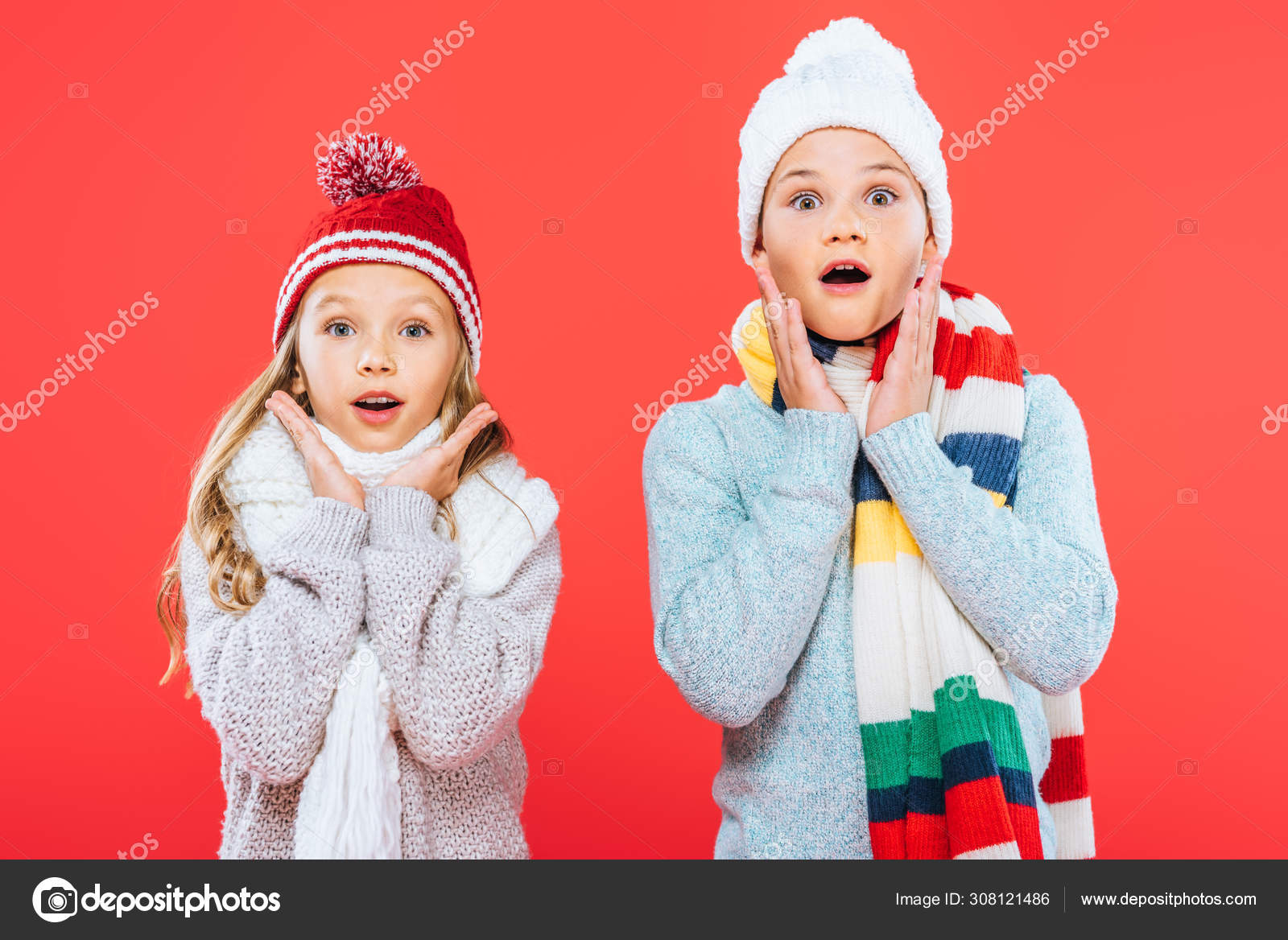 Front View Two Shocked Kids Winter Outfits Isolated Red Stock Photo by ...