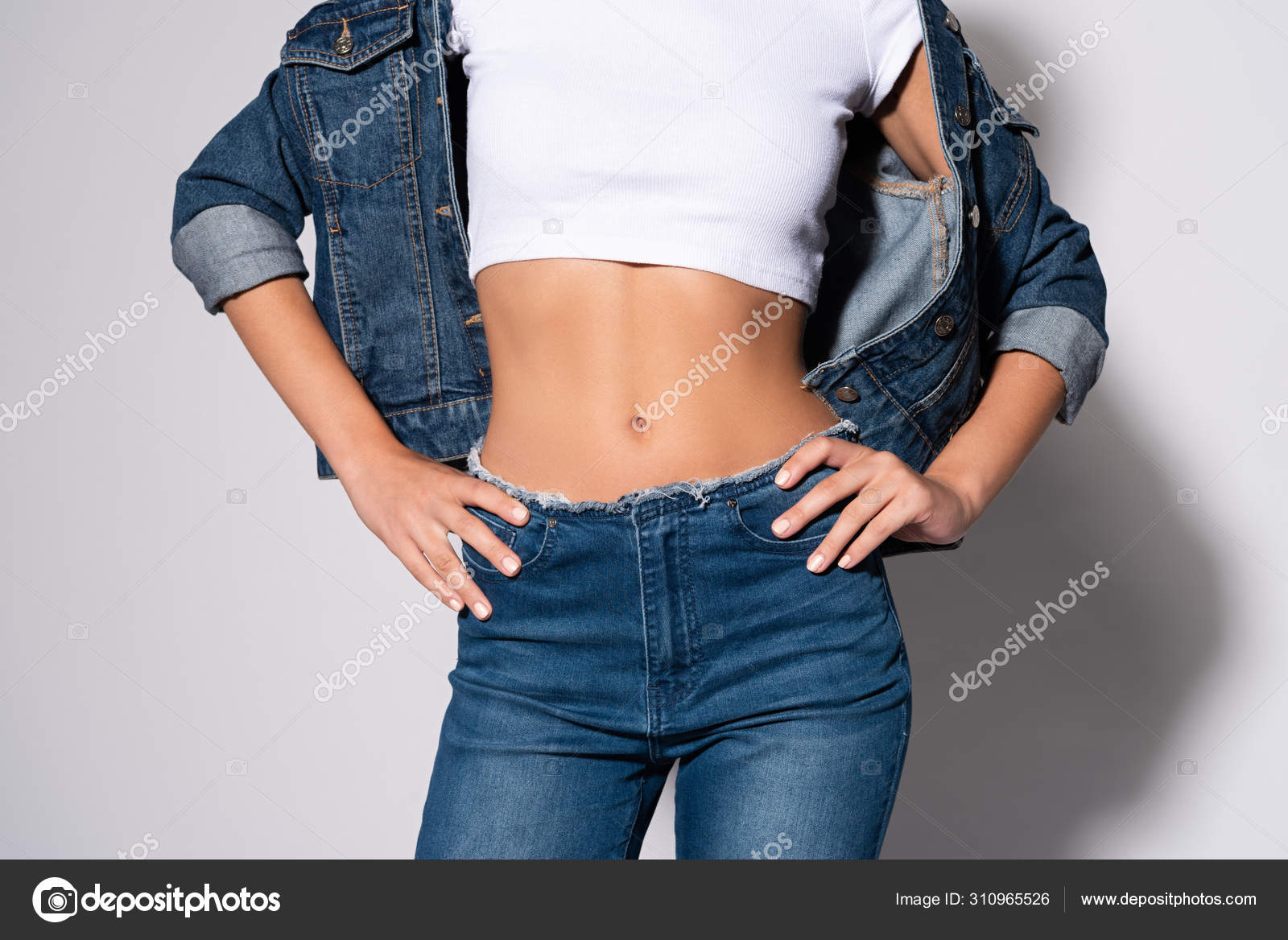 Cropped View Woman Jeans Standing Hands Hips White — Stock Photo ...