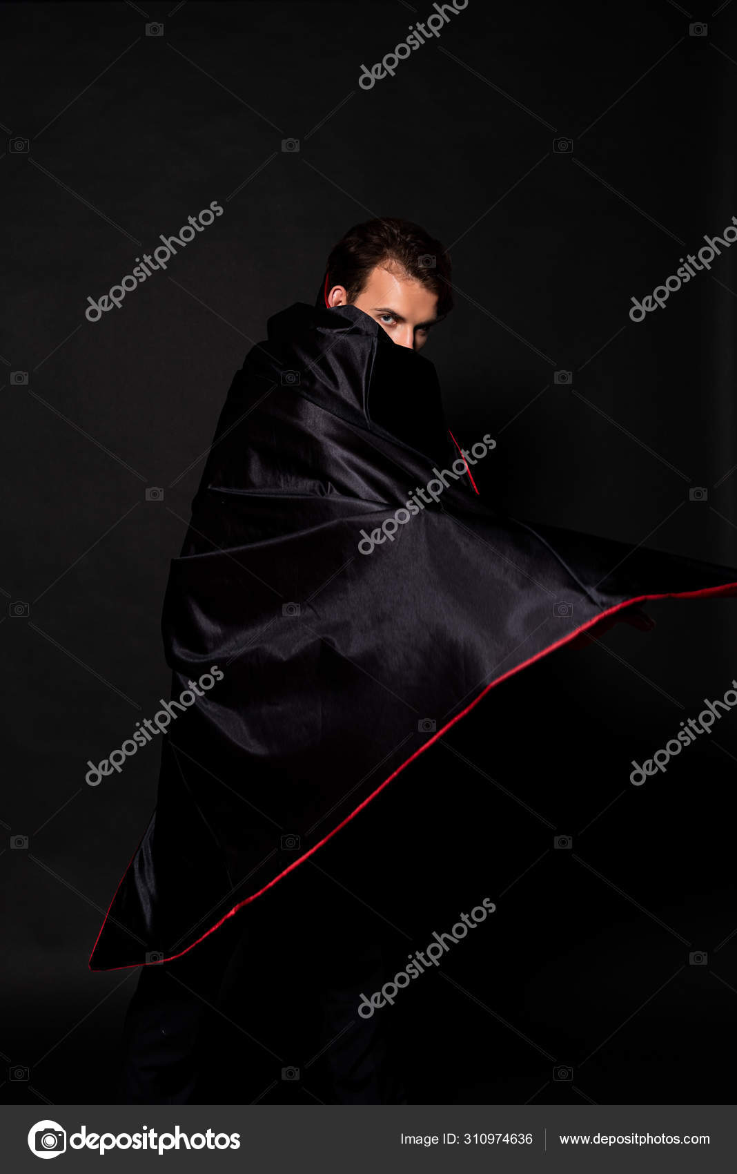 Man Covering Face Cloak Halloween Costume Black — Stock Photo ...