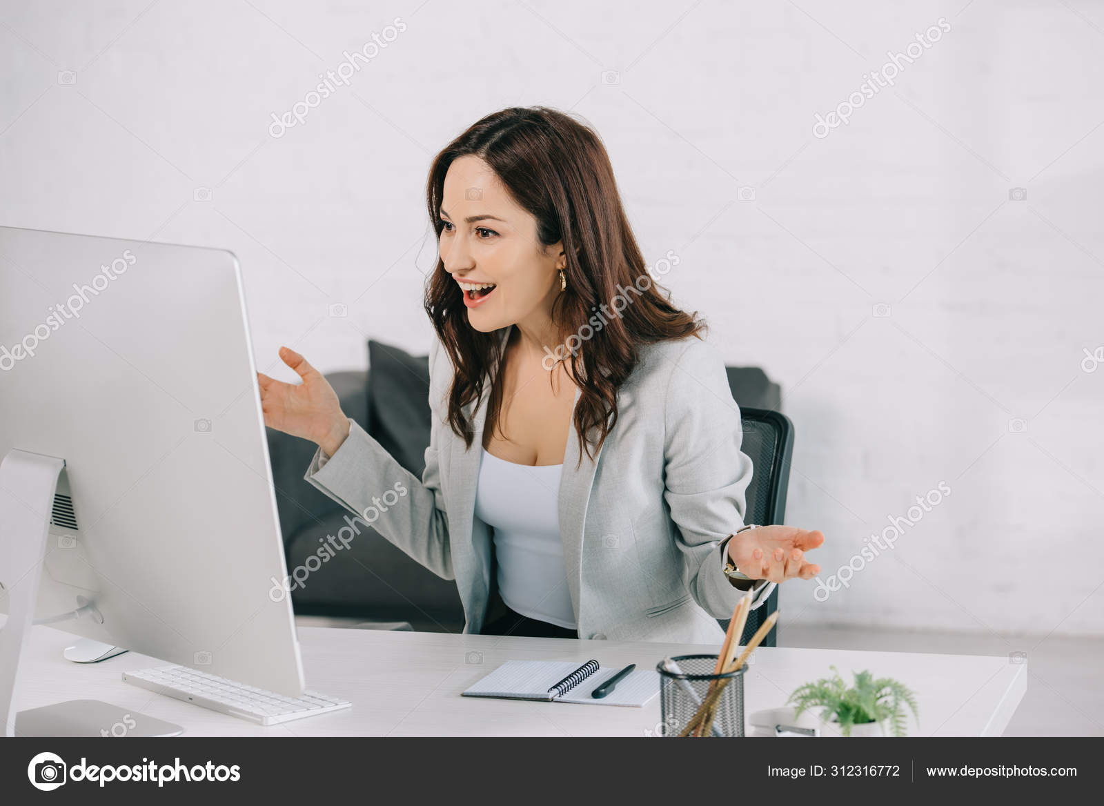Surprised Secretary Showing Wow Gesture While Looking Computer Monitor ...