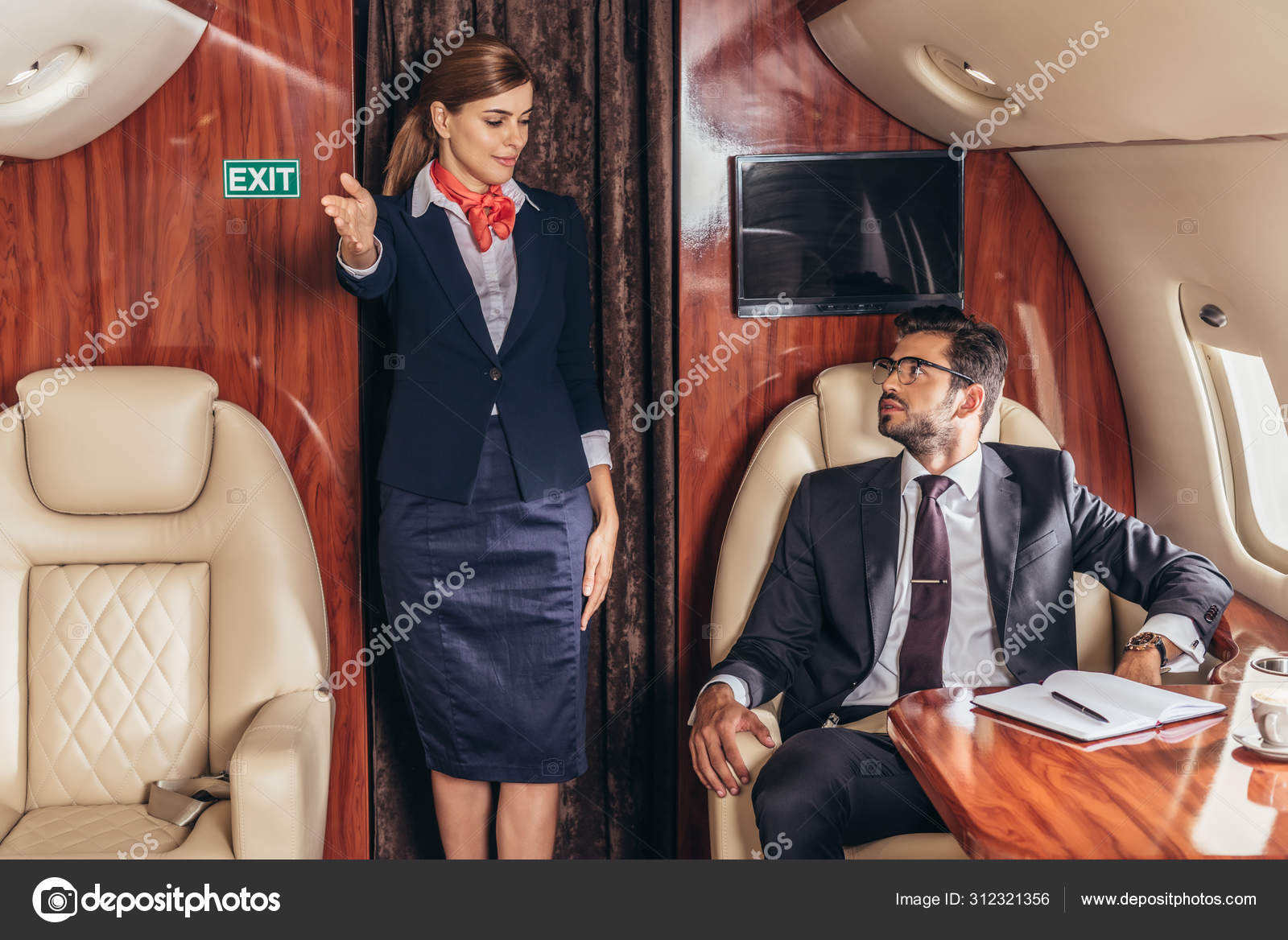 Flight Attendant Showing Gestures Handsome Businessman Suit Private ...