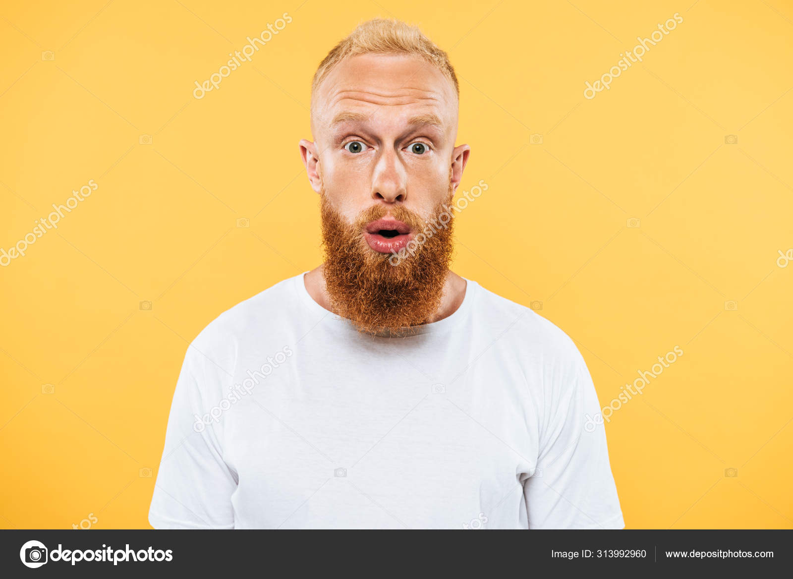 Portrait Surprised Handsome Bearded Man Looking Camera Isolated Yellow ...