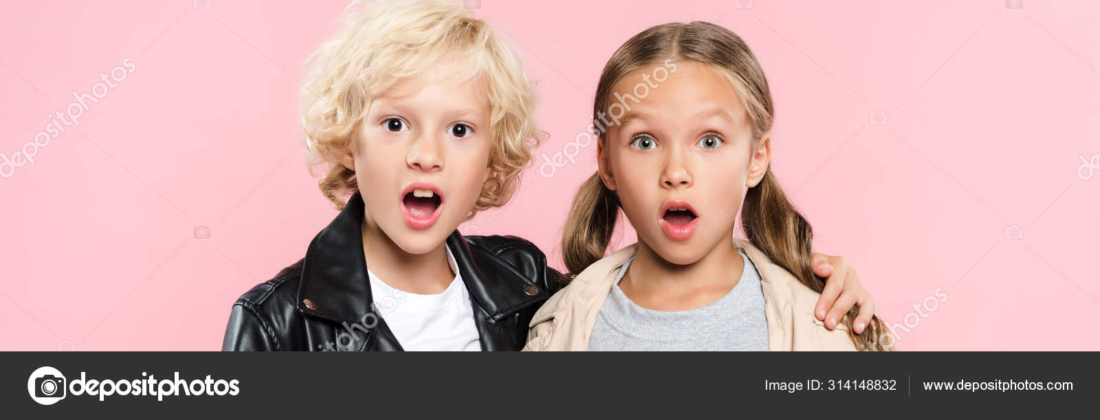 Panoramic Shot Shocked Boy Hugging Friend Isolated Pink — Stock Photo ...