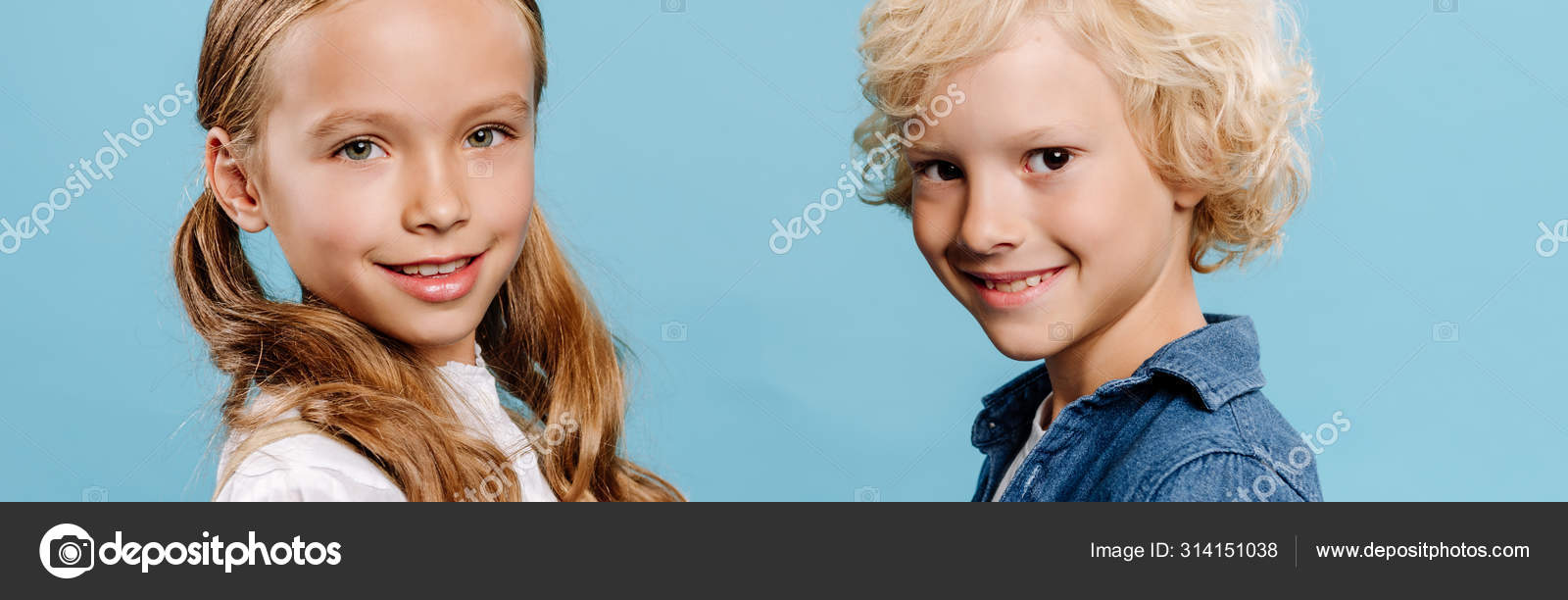 Panoramic Shot Smiling Cute Kids Looking Camera Isolated Blue ⬇ Stock ...