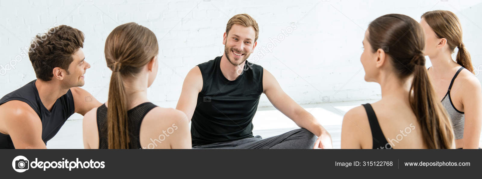 Panoramic Shot Five Young People Smiling Talking While Sitting Sports ...