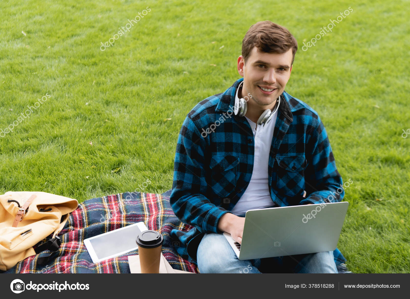 Happy Student Using Laptop Digital Tablet Paper Cup Plaid Blanket Stock ...