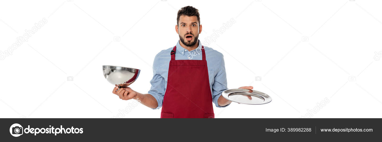 Panoramic Shot Shocked Waiter Looking Camera While Holding Tray Dish ...