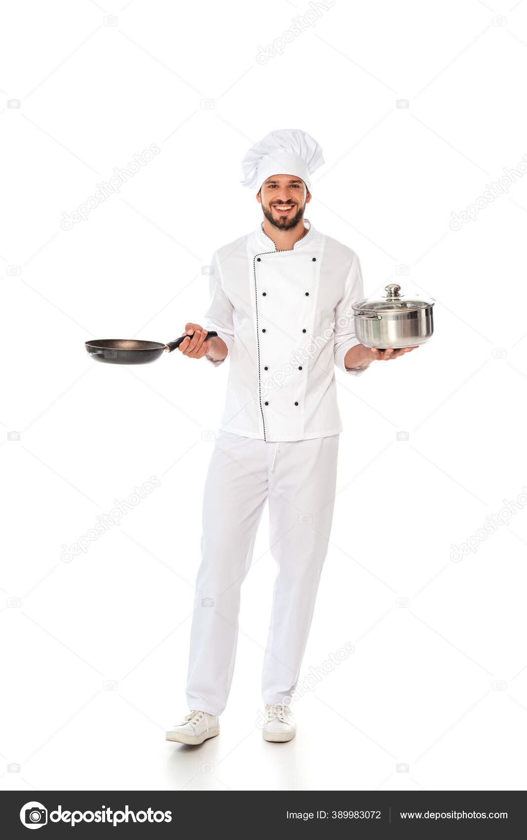Handsome Smiling Chef Holding Frying Pan Pan White Background Stock ...