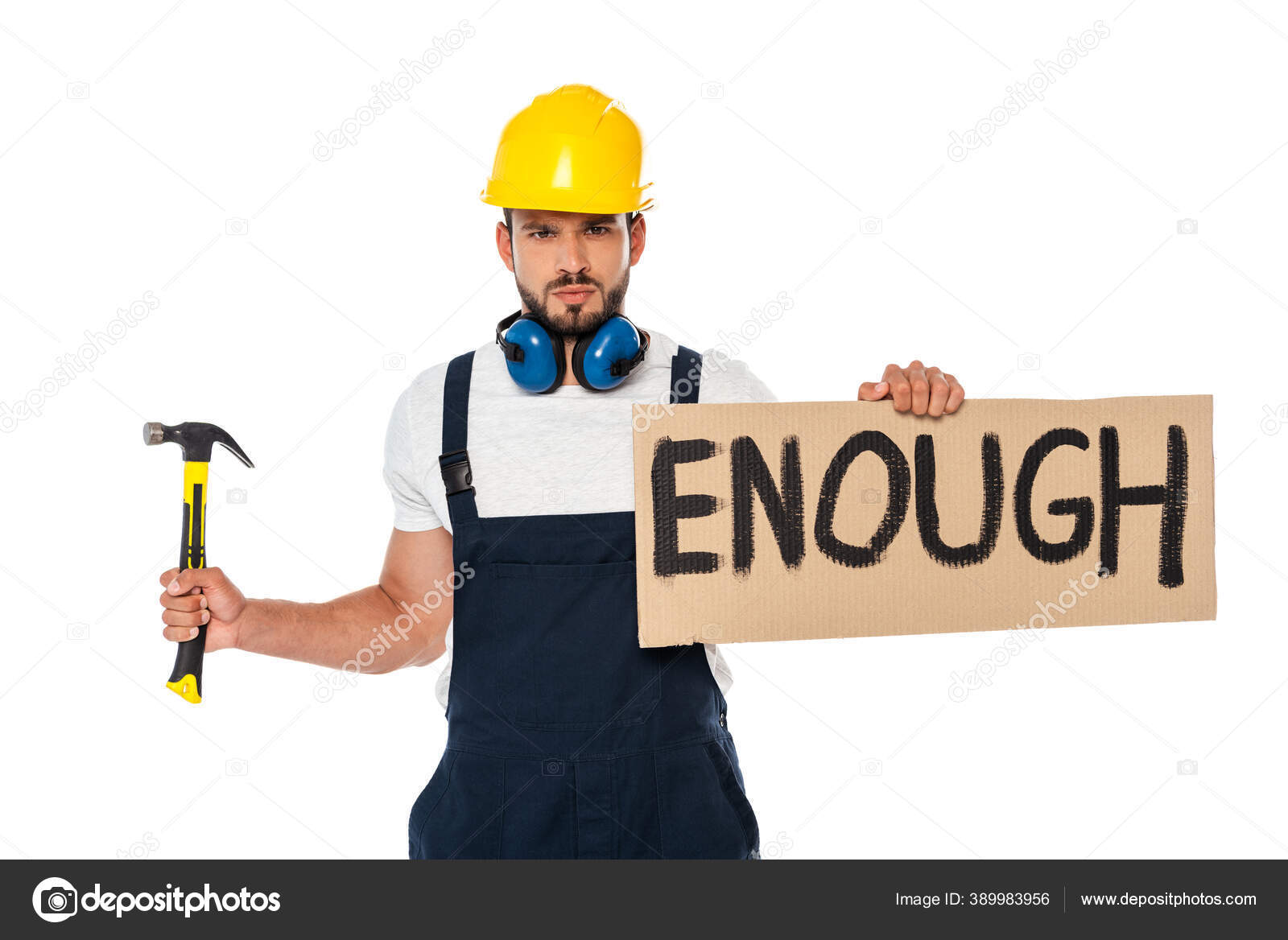 Enojado Constructor Sosteniendo Letrero Con Suficientes Letras Martillo ...