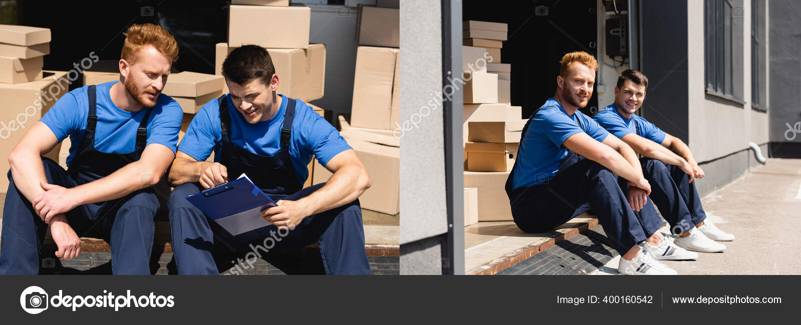 Collage Movers Overalls Looking Clipboard Warehouse Urban Street Stock ...