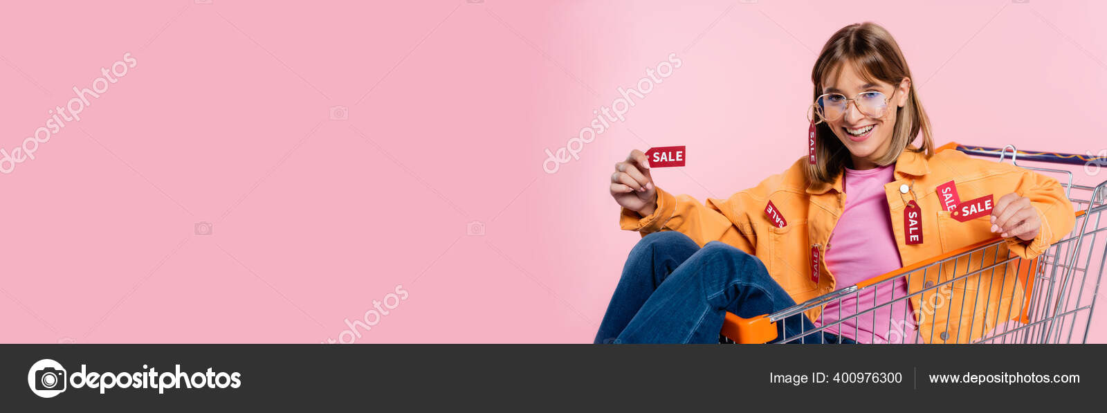 Panoramic Concept Woman Showing Price Tags Sale Word While Sitting ...