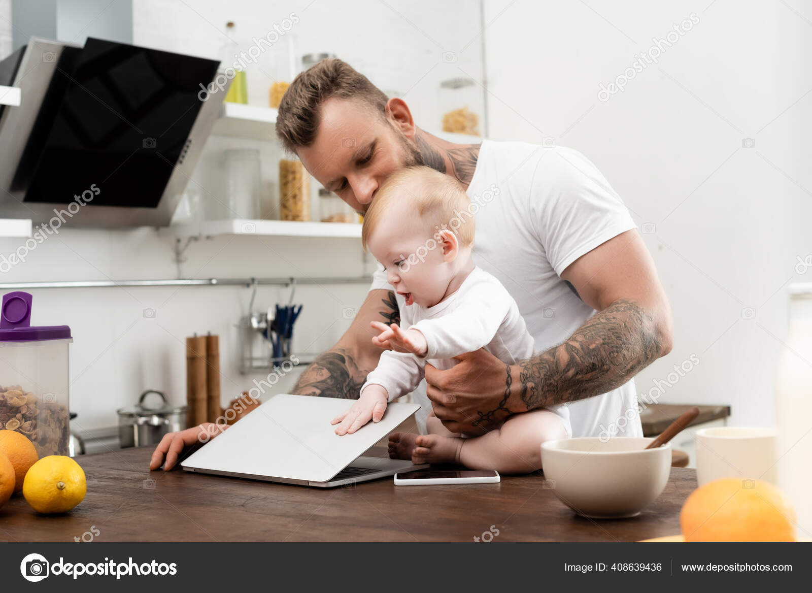 Infant Boy Touching Laptop While Sitting Kitchen Table Tattooed Father ...