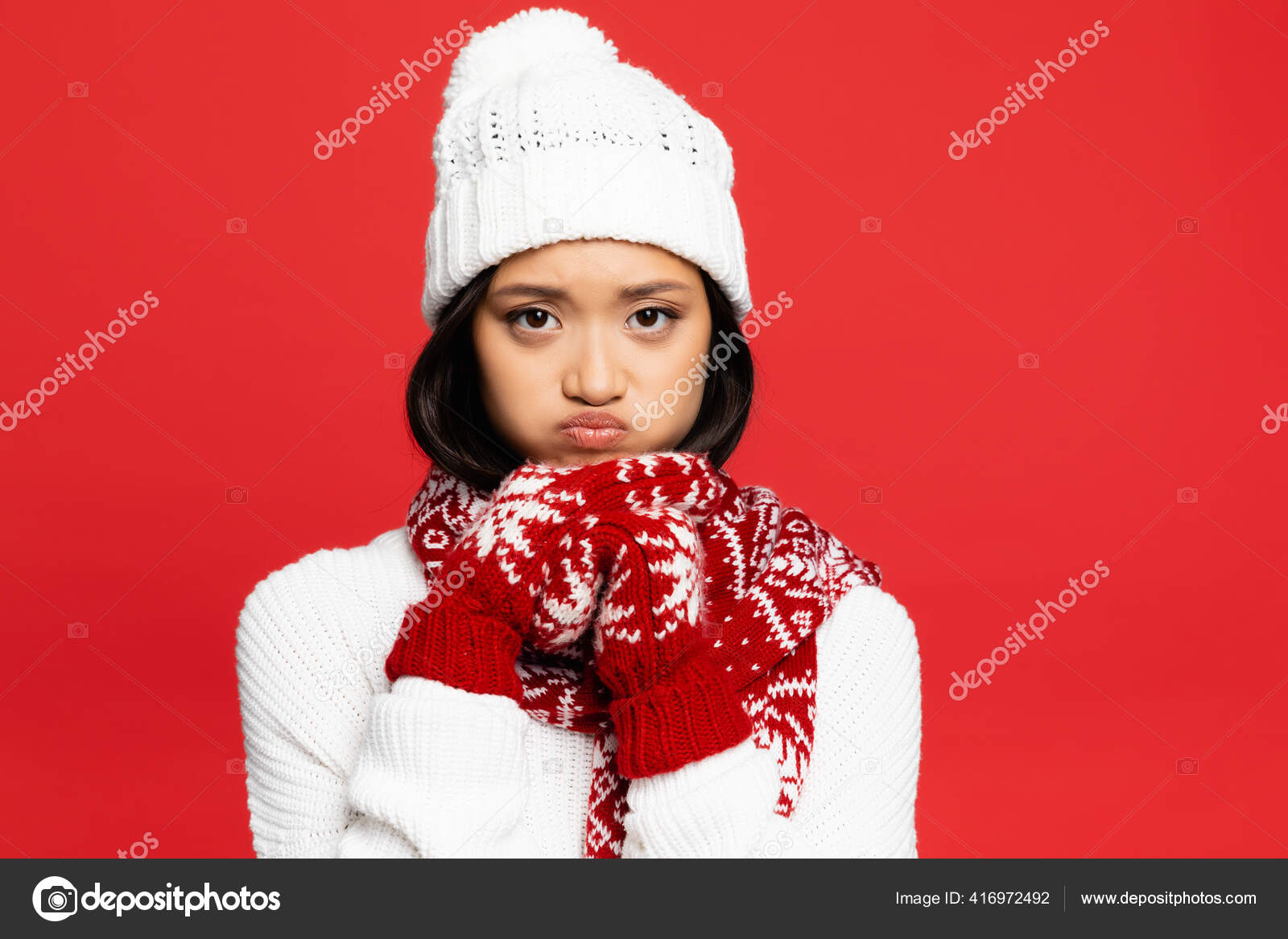 Sad Asian Woman White Hat Mittens Scarf Looking Camera Pouting Stock ...