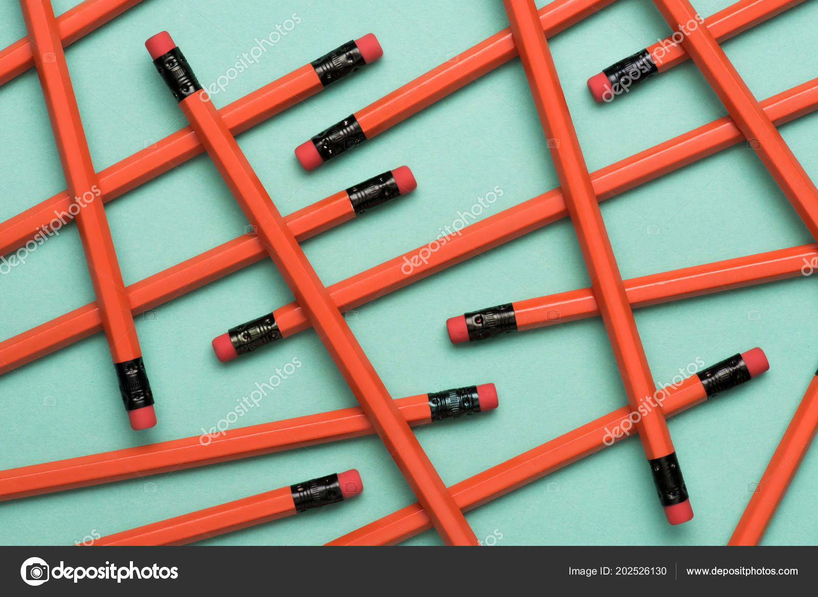 Top View Arranged Red Graphite Pencils Erasers Green — Stock Photo ...