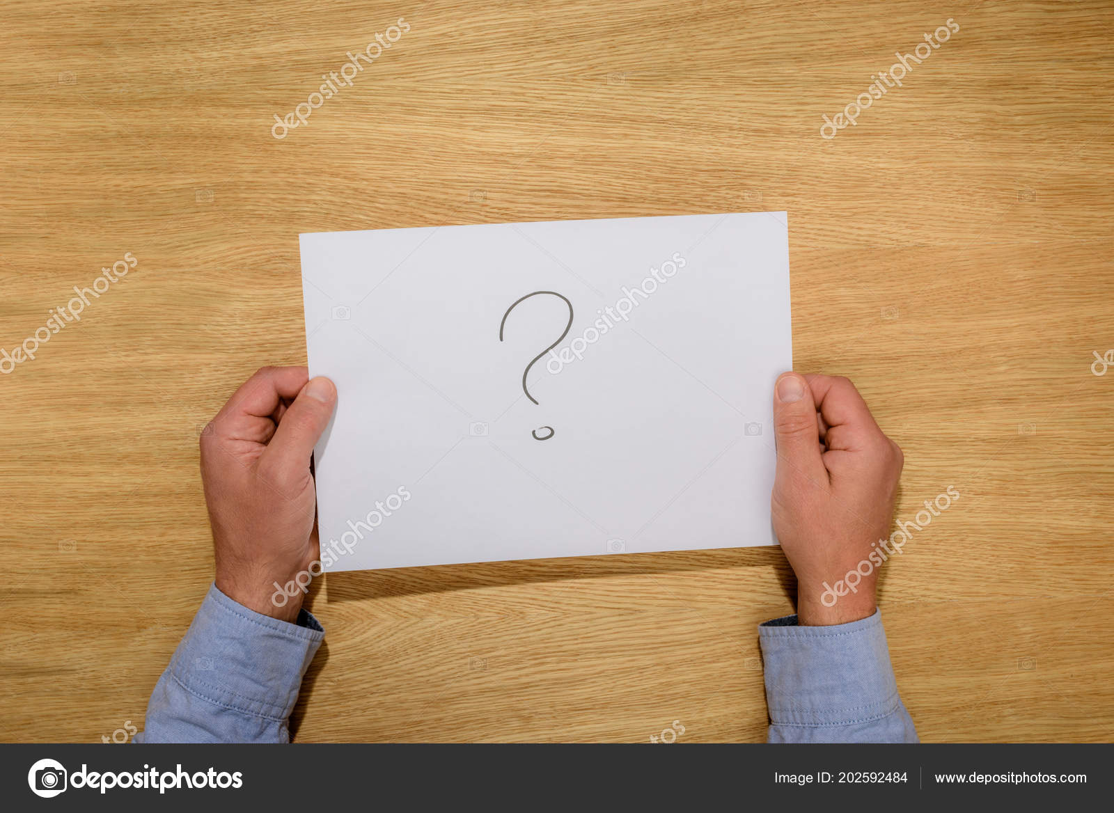 Cropped Image Man Holding Paper Question Mark Wooden Table — Stock ...