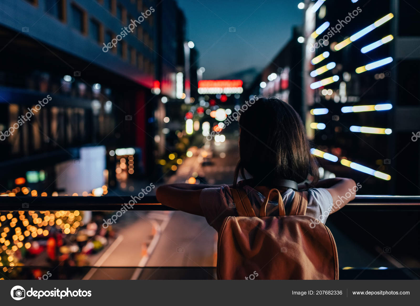 Rear View Woman Backpack Standing Street Looking Night City Lights ...