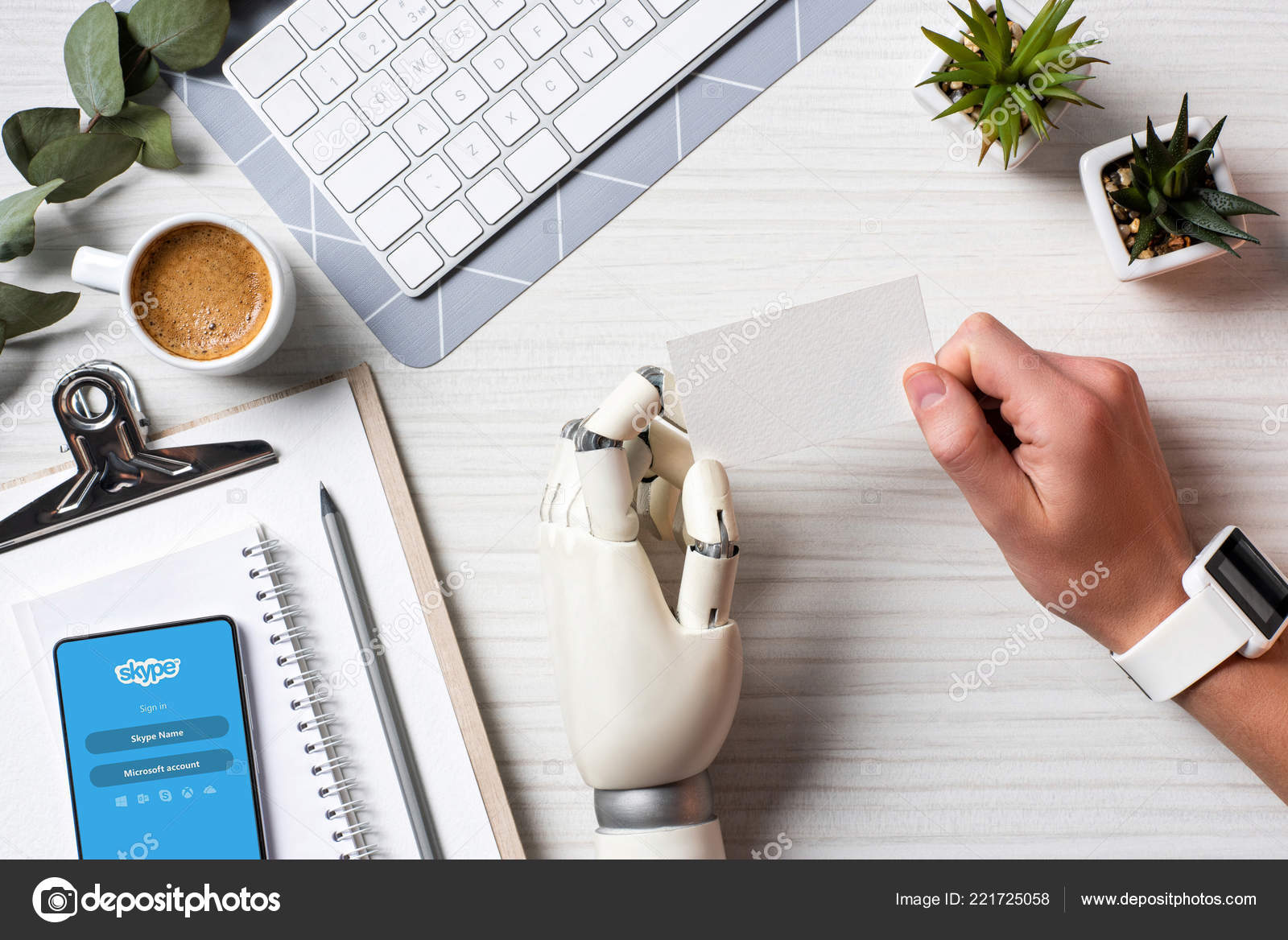 Partial View Businessman Cyborg Hand Smartwatch Holding Blank Visit ...