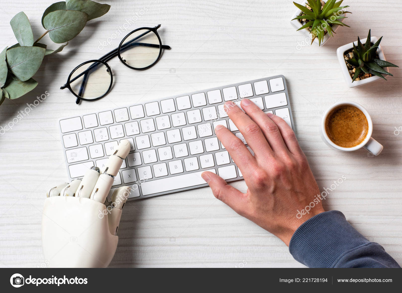 Cropped Image Business Prosthesis Hand Typing Computer Keyboard Table ...