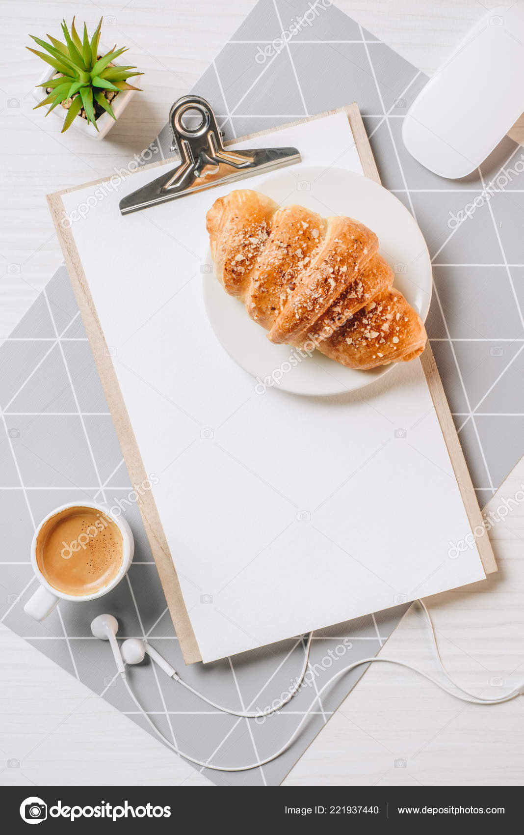 Flat Lay Croissant Coffee Cup Computer Mouse Blank Clipboard Table ...